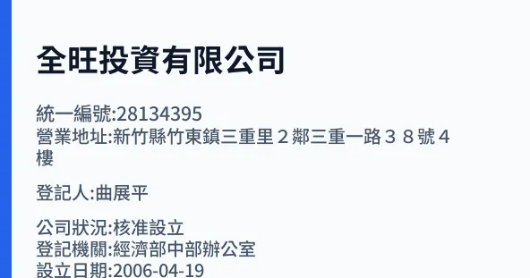 全旺投資有限公司的照片-統編 28134395(新竹縣) 公司登記資料與營業項目詳細圖表