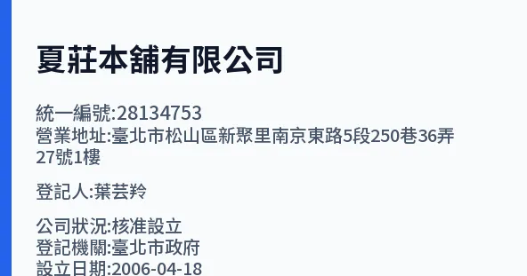 夏莊本舖有限公司的照片-統編 28134753(臺北市) 公司登記資料與營業項目詳細圖表