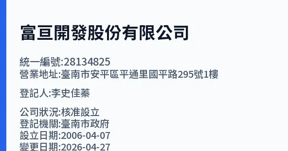富亘開發股份有限公司的照片-統編 28134825(臺南市) 公司登記資料與營業項目詳細圖表