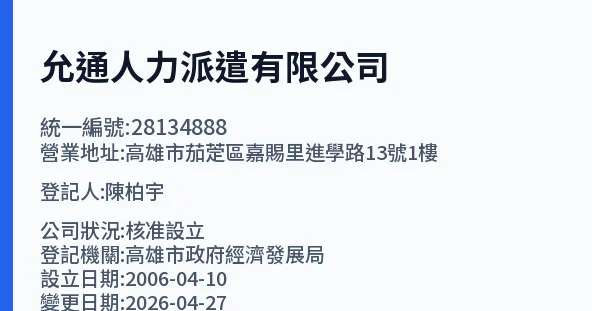 允通人力派遣有限公司的照片-統編 28134888(高雄市) 公司登記資料與營業項目詳細圖表
