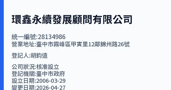 環鑫永續發展顧問有限公司的照片-統編 28134986(臺中市) 公司登記資料與營業項目詳細圖表
