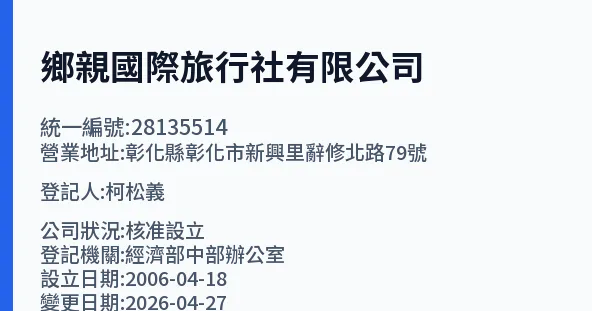 鄉親國際旅行社有限公司的照片-統編 28135514(彰化縣) 公司登記資料與營業項目詳細圖表