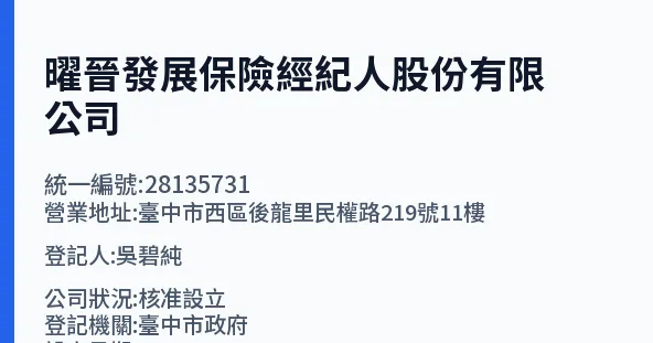 曜晉發展保險經紀人股份有限公司的照片-統編 28135731(臺中市) 公司登記資料與營業項目詳細圖表