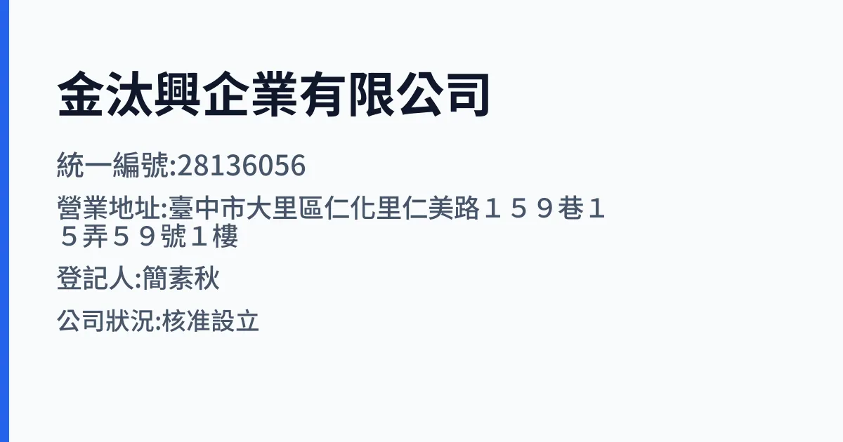 金汰興企業有限公司 - 統編 28136056(臺中市) 公司登記資料與營業項目詳細圖表