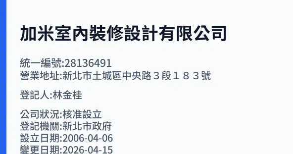加米室內裝修設計有限公司的照片-統編 28136491(新北市) 公司登記資料與營業項目詳細圖表