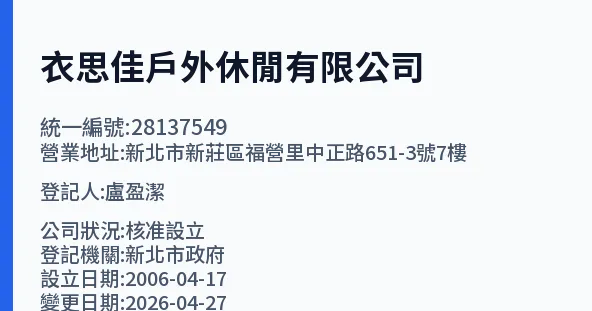 衣思佳戶外休閒有限公司的照片-統編 28137549(新北市) 公司登記資料與營業項目詳細圖表