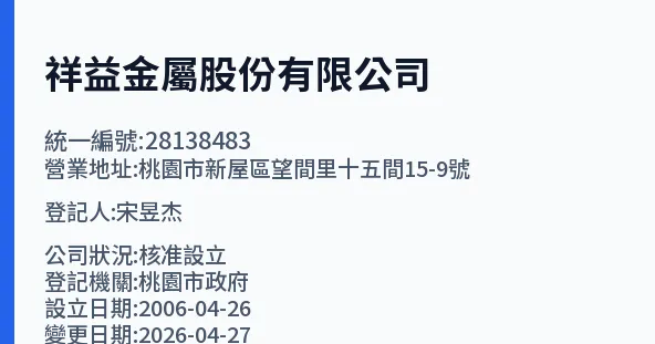 祥益金屬股份有限公司的照片-統編 28138483(桃園市) 公司登記資料與營業項目詳細圖表