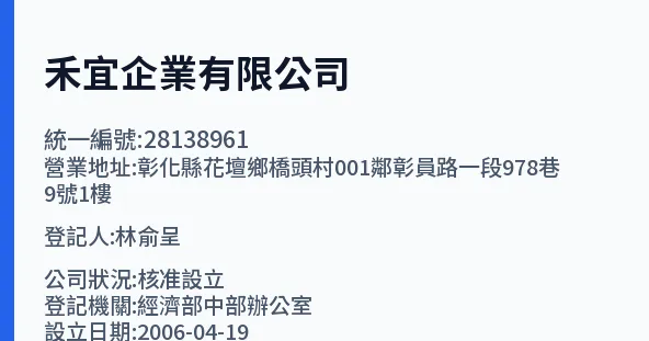 禾宜企業有限公司的照片-統編 28138961(彰化縣) 公司登記資料與營業項目詳細圖表