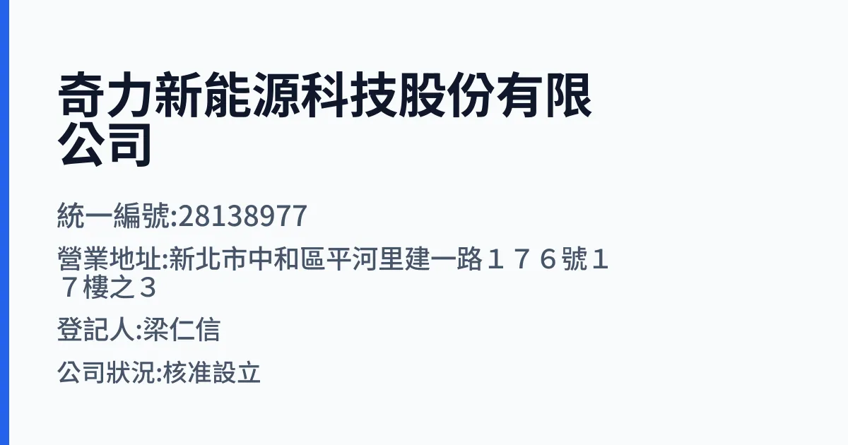奇力新能源科技股份有限公司 - 統編 28138977(新北市) 公司登記資料與營業項目詳細圖表