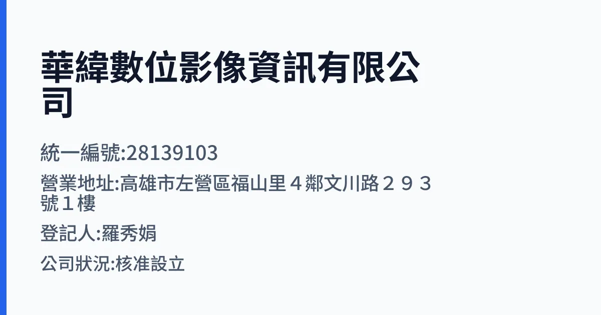 華緯數位影像資訊有限公司 - 統編 28139103(高雄市) 公司登記資料與營業項目詳細圖表