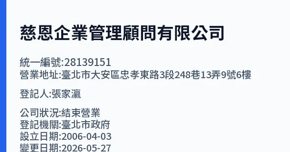 慈恩企業管理顧問有限公司的照片-統編 28139151(臺北市) 公司登記資料與營業項目詳細圖表