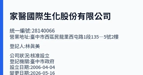家醫國際生化股份有限公司的照片-統編 28140066(臺中市) 公司登記資料與營業項目詳細圖表