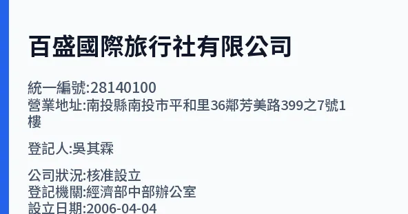 百盛國際旅行社有限公司的照片-統編 28140100(南投縣) 公司登記資料與營業項目詳細圖表