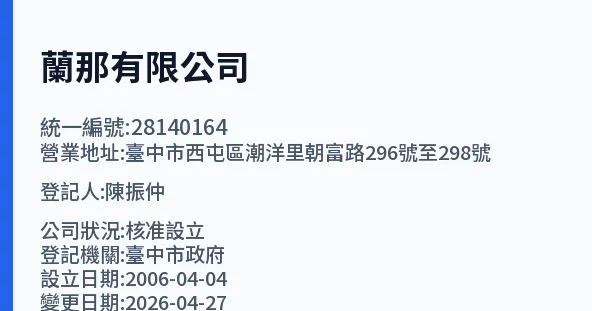 蘭那有限公司的照片-統編 28140164(臺中市) 公司登記資料與營業項目詳細圖表