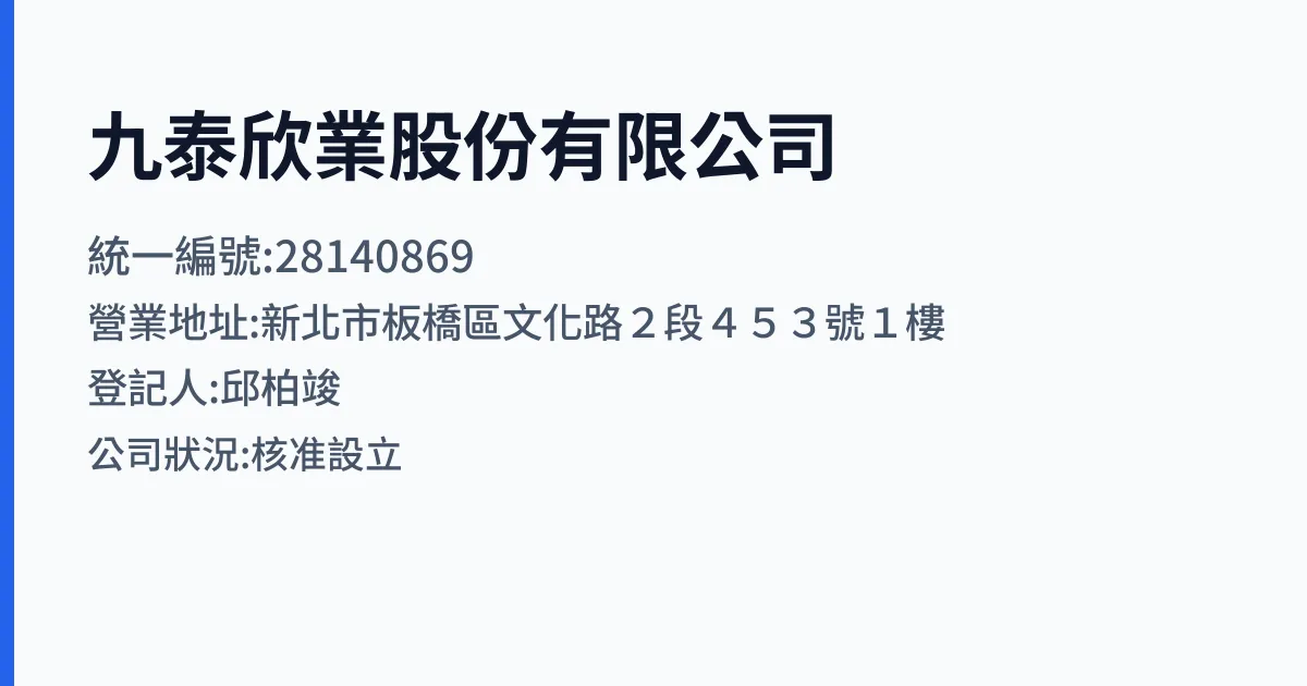 九泰欣業股份有限公司 - 統編 28140869(新北市) 公司登記資料與營業項目詳細圖表