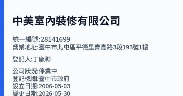 中美室內裝修有限公司的照片-統編 28141699(臺中市) 公司登記資料與營業項目詳細圖表