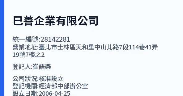 巳善企業有限公司的照片-統編 28142281(臺北市) 公司登記資料與營業項目詳細圖表