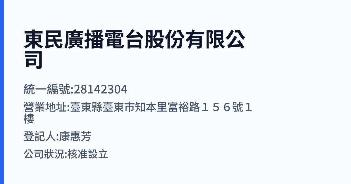 東民廣播電台股份有限公司 - 統編 28142304(臺東縣) 公司登記資料與營業項目詳細圖表
