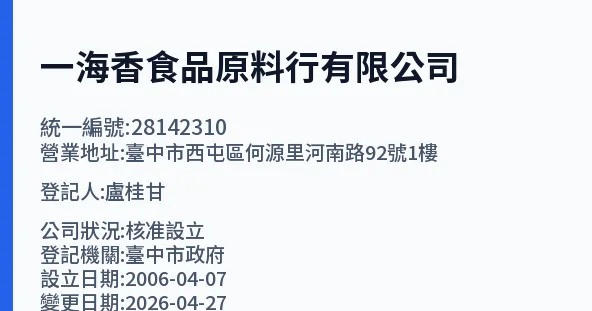 一海香食品原料行有限公司的照片-統編 28142310(臺中市) 公司登記資料與營業項目詳細圖表
