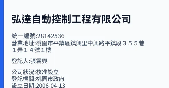 弘達自動控制工程有限公司的照片-統編 28142536(桃園市) 公司登記資料與營業項目詳細圖表
