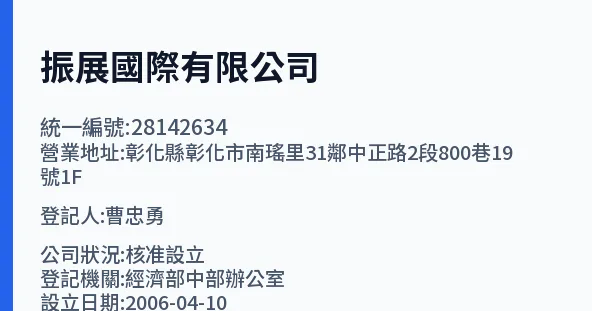 振展國際有限公司的照片-統編 28142634(彰化縣) 公司登記資料與營業項目詳細圖表