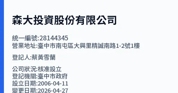 森大投資股份有限公司的照片-統編 28144345(臺中市) 公司登記資料與營業項目詳細圖表