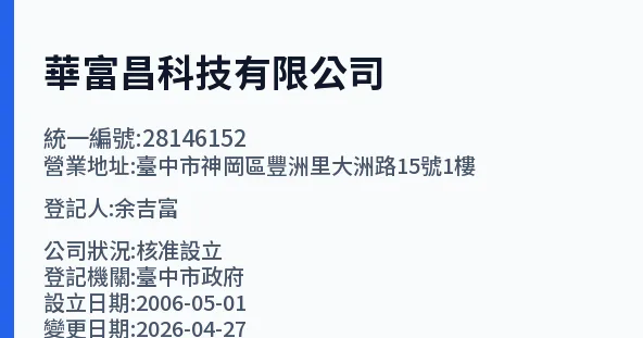 華富昌科技有限公司的照片-統編 28146152(臺中市) 公司登記資料與營業項目詳細圖表