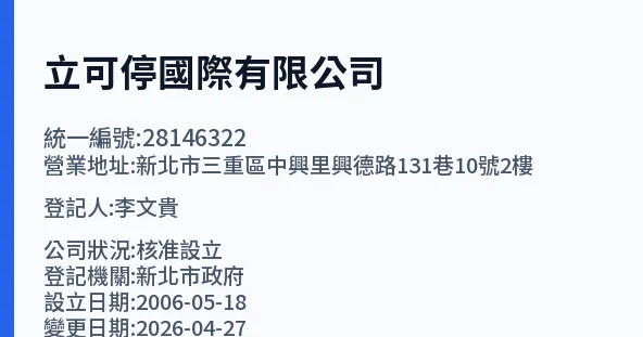 立可停國際有限公司的照片-統編 28146322(新北市) 公司登記資料與營業項目詳細圖表