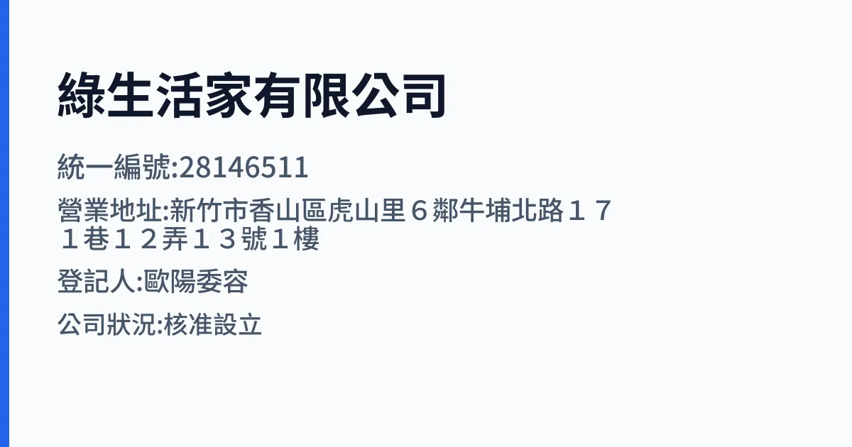 綠生活家有限公司 - 統編 28146511(新竹市) 公司登記資料與營業項目詳細圖表