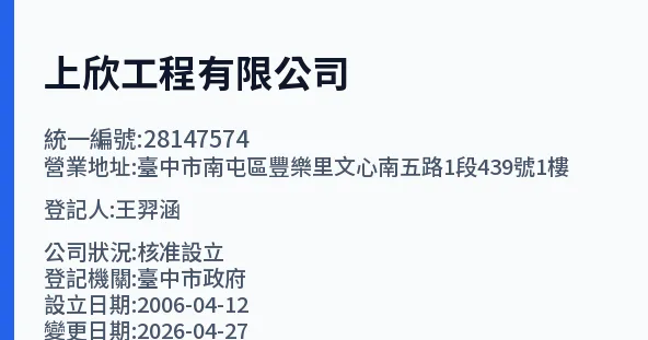 上欣工程有限公司的照片-統編 28147574(臺中市) 公司登記資料與營業項目詳細圖表