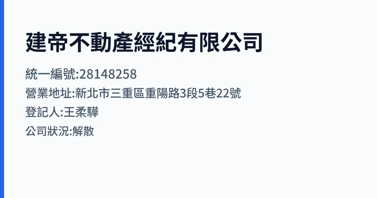 建帝不動產經紀有限公司 - 統編 28148258(新北市) 公司登記資料與營業項目詳細圖表