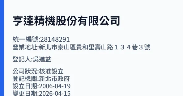 亨達精機股份有限公司的照片-統編 28148291(新北市) 公司登記資料與營業項目詳細圖表