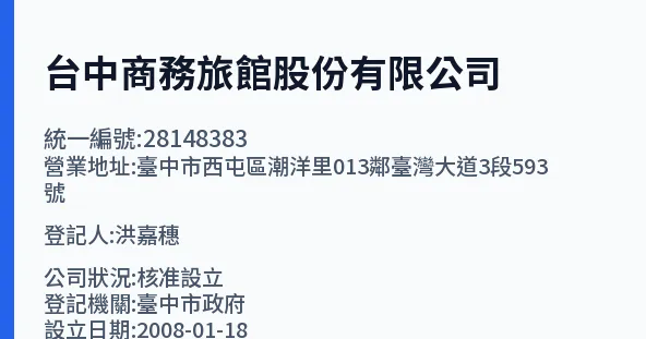 台中商務旅館股份有限公司的照片-統編 28148383(臺中市) 公司登記資料與營業項目詳細圖表