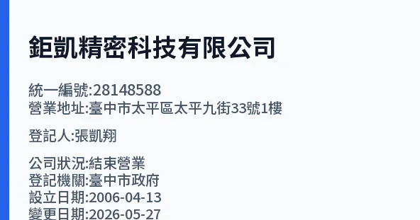 鉅凱精密科技有限公司的照片-統編 28148588(臺中市) 公司登記資料與營業項目詳細圖表