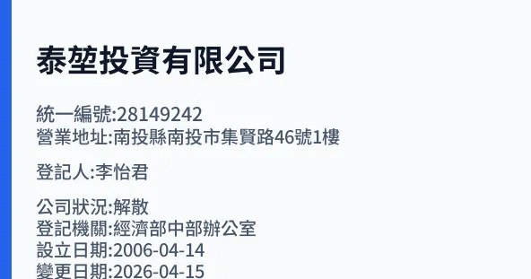 泰堃投資有限公司的照片-統編 28149242(南投縣) 公司登記資料與營業項目詳細圖表