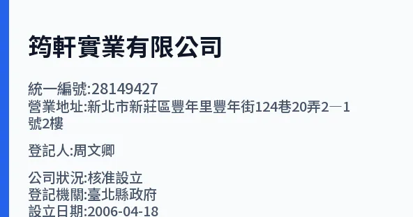 筠軒實業有限公司的照片-統編 28149427(新北市) 公司登記資料與營業項目詳細圖表