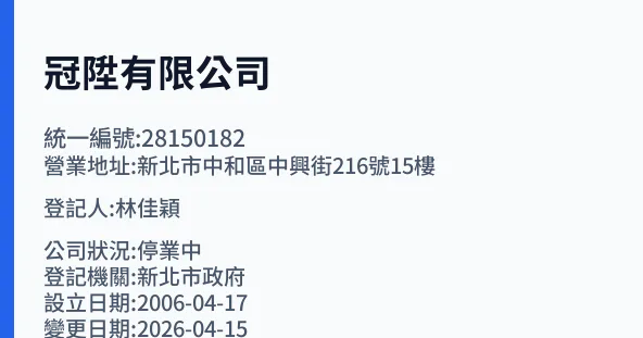 冠陞有限公司的照片-統編 28150182(新北市) 公司登記資料與營業項目詳細圖表