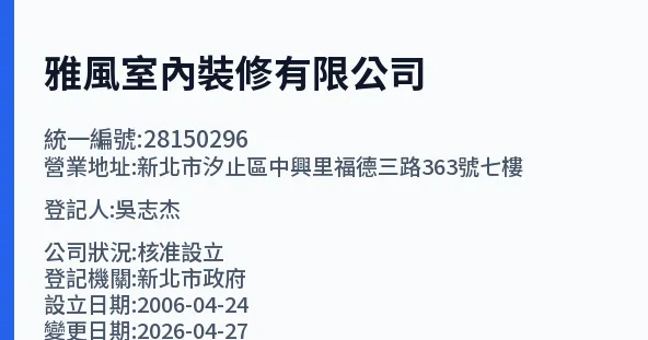 雅風室內裝修有限公司的照片-統編 28150296(新北市) 公司登記資料與營業項目詳細圖表