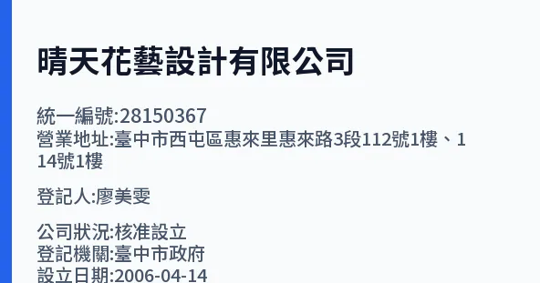 晴天花藝設計有限公司的照片-統編 28150367(臺中市) 公司登記資料與營業項目詳細圖表