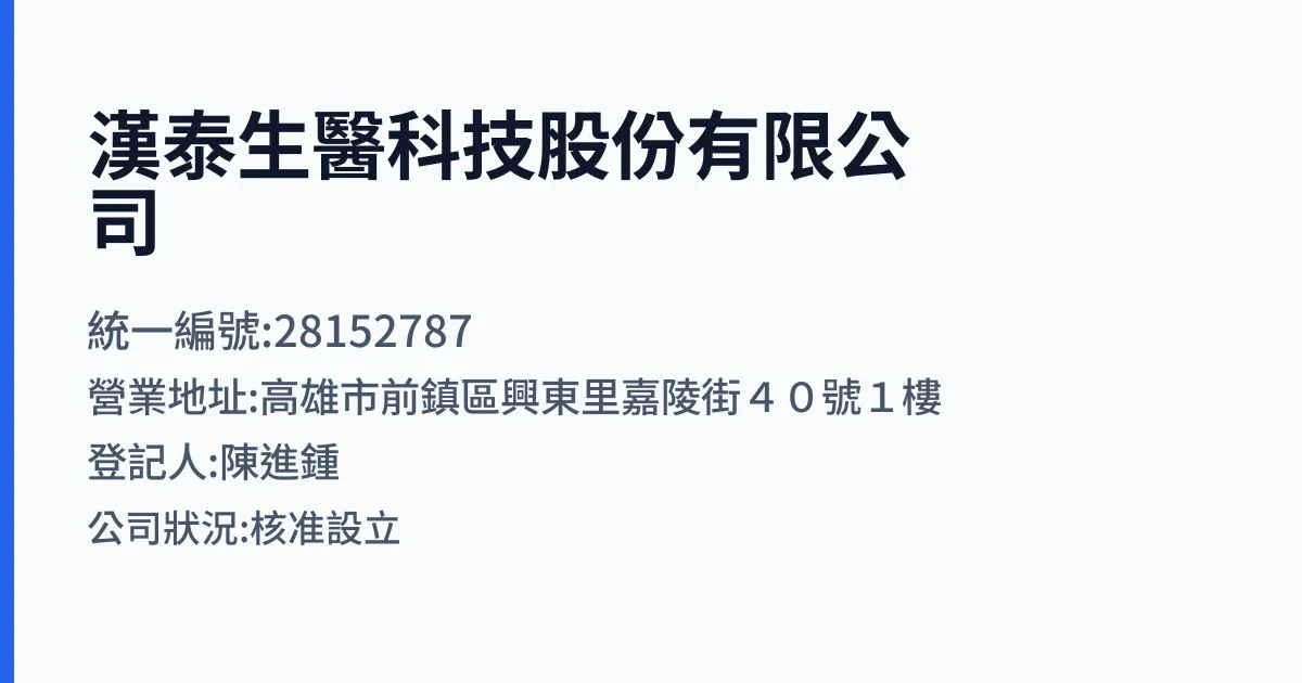漢泰生醫科技股份有限公司 - 統編 28152787(高雄市) 公司登記資料與營業項目詳細圖表