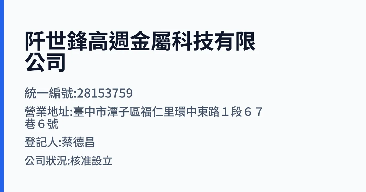 阡世鋒高週金屬科技有限公司 - 統編 28153759(臺中市) 公司登記資料與營業項目詳細圖表