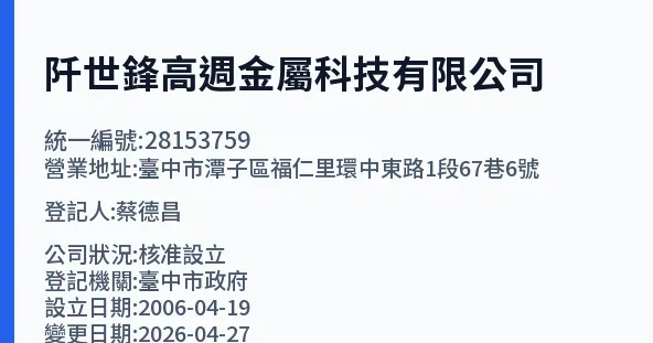 阡世鋒高週金屬科技有限公司的照片-統編 28153759(臺中市) 公司登記資料與營業項目詳細圖表