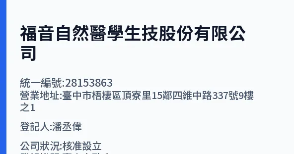 福音自然醫學生技股份有限公司的照片-統編 28153863(臺中市) 公司登記資料與營業項目詳細圖表