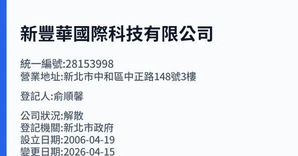 新豐華國際科技有限公司的照片-統編 28153998(新北市) 公司登記資料與營業項目詳細圖表