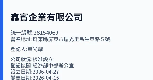 鑫賓企業有限公司的照片-統編 28154069(屏東縣) 公司登記資料與營業項目詳細圖表