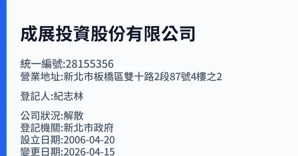 成展投資股份有限公司的照片-統編 28155356(新北市) 公司登記資料與營業項目詳細圖表