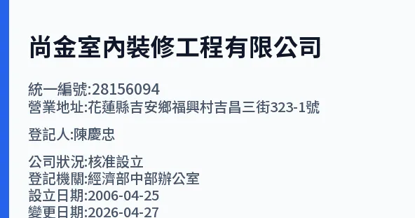 尚金室內裝修工程有限公司的照片-統編 28156094(花蓮縣) 公司登記資料與營業項目詳細圖表