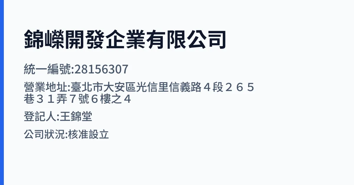 錦嶸開發企業有限公司 - 統編 28156307(臺北市) 公司登記資料與營業項目詳細圖表
