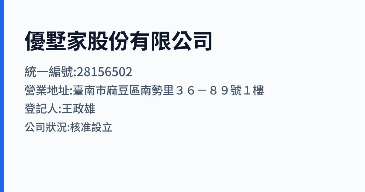 優墅家股份有限公司 - 統編 28156502（臺南市） 公司登記資料與營業項目詳細圖表