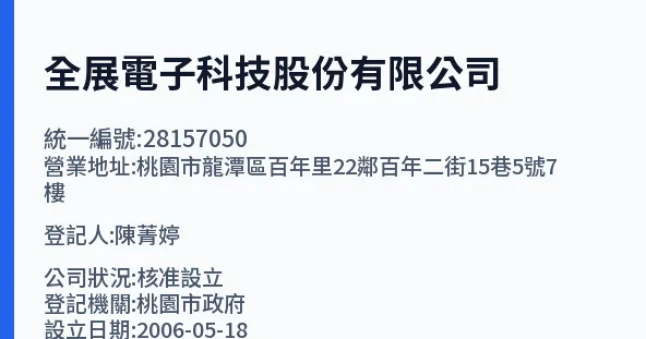 全展電子科技股份有限公司的照片-統編 28157050(桃園市) 公司登記資料與營業項目詳細圖表